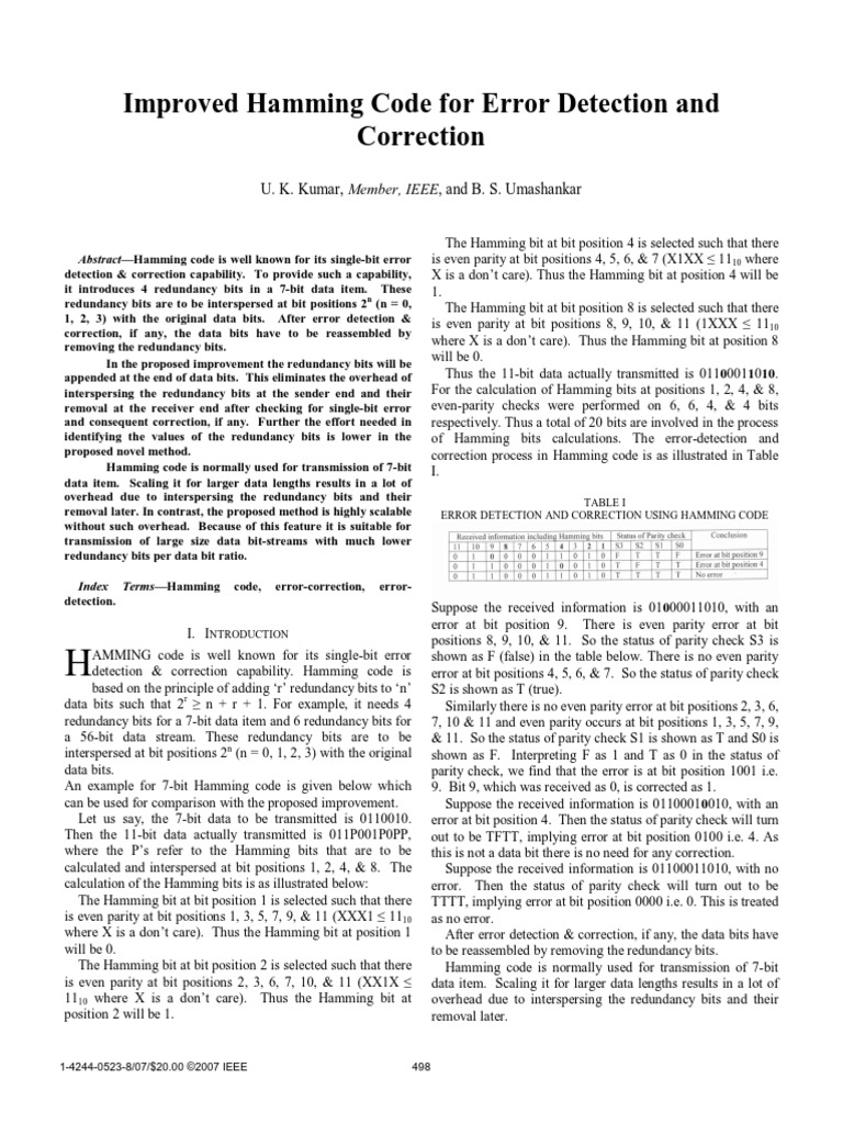 Improved Hamming Code For Error Detection and Correction: U. K. Kumar, Member, IEEE, and B. S ...