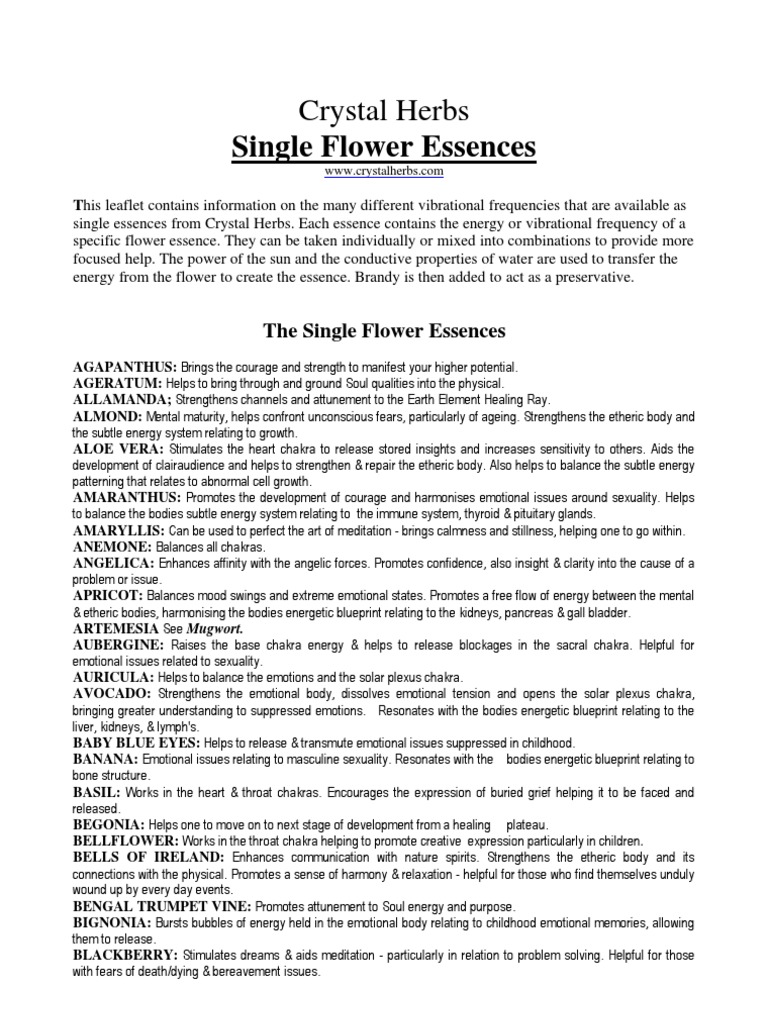 Single Flower Essences Info | PDF | Chakra | Bach Flower Remedies