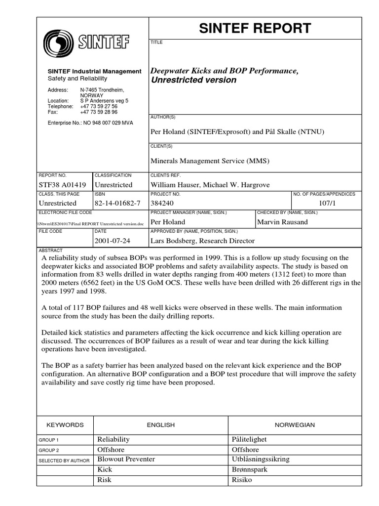 383 AB Final Report Deepwater Kicks and BOP Performance | PDF | Casing (Borehole) | Blowout ...