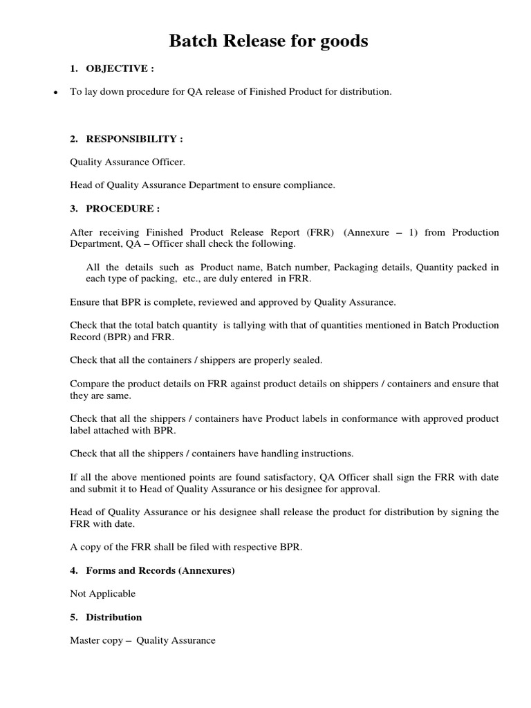 Batch Release For Goods: 1. Objective | PDF