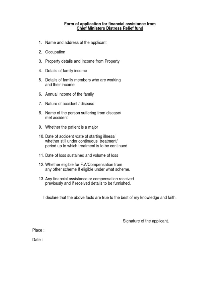 Form of Application For Financial Assistance From Chief Ministers ...