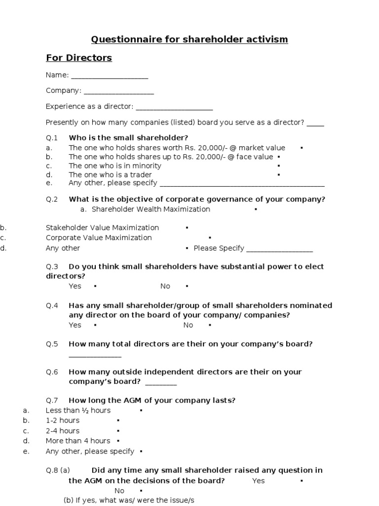Questionnaire For Shareholder Activism For Directors | PDF | Board Of ...