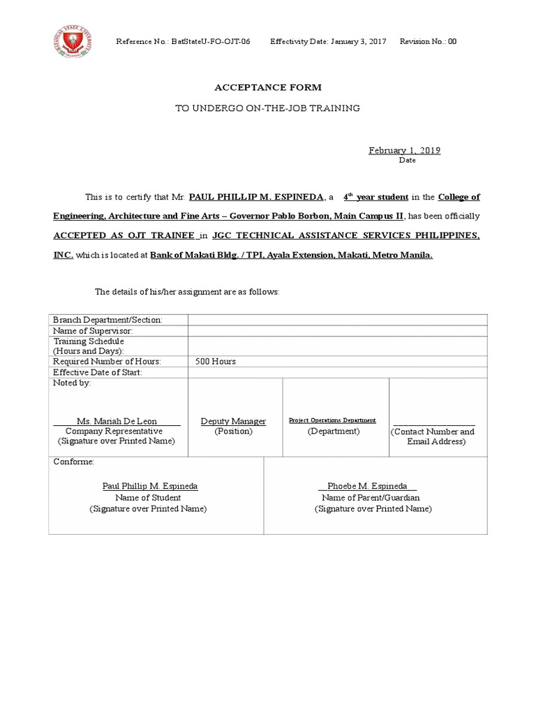 OJT Acceptance Form for Paul Espineda | PDF