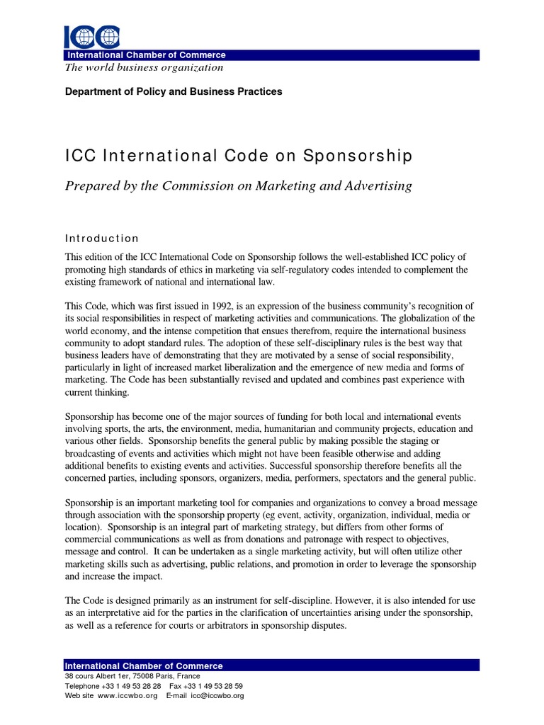 ICC International Code On Sponsorship | PDF | Sponsor (Commercial ...