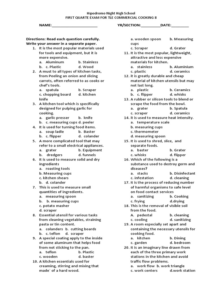 Testpaper For Commercial Cooking Grade 8 | PDF | Kitchen Utensil ...