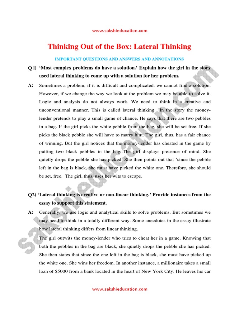 Thinking Out of The Box: Lateral Thinking: Important Questions and Answers and Annotations | PDF ...
