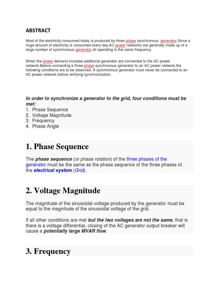 Phase Sequence: in Order To Synchronize A Generator To The Grid, Four ...