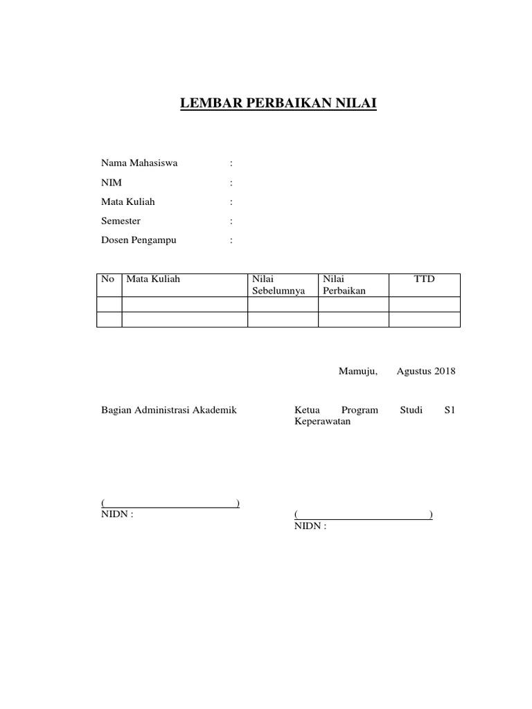 Lembar Perbaikan Nilai Mahasiswa | PDF