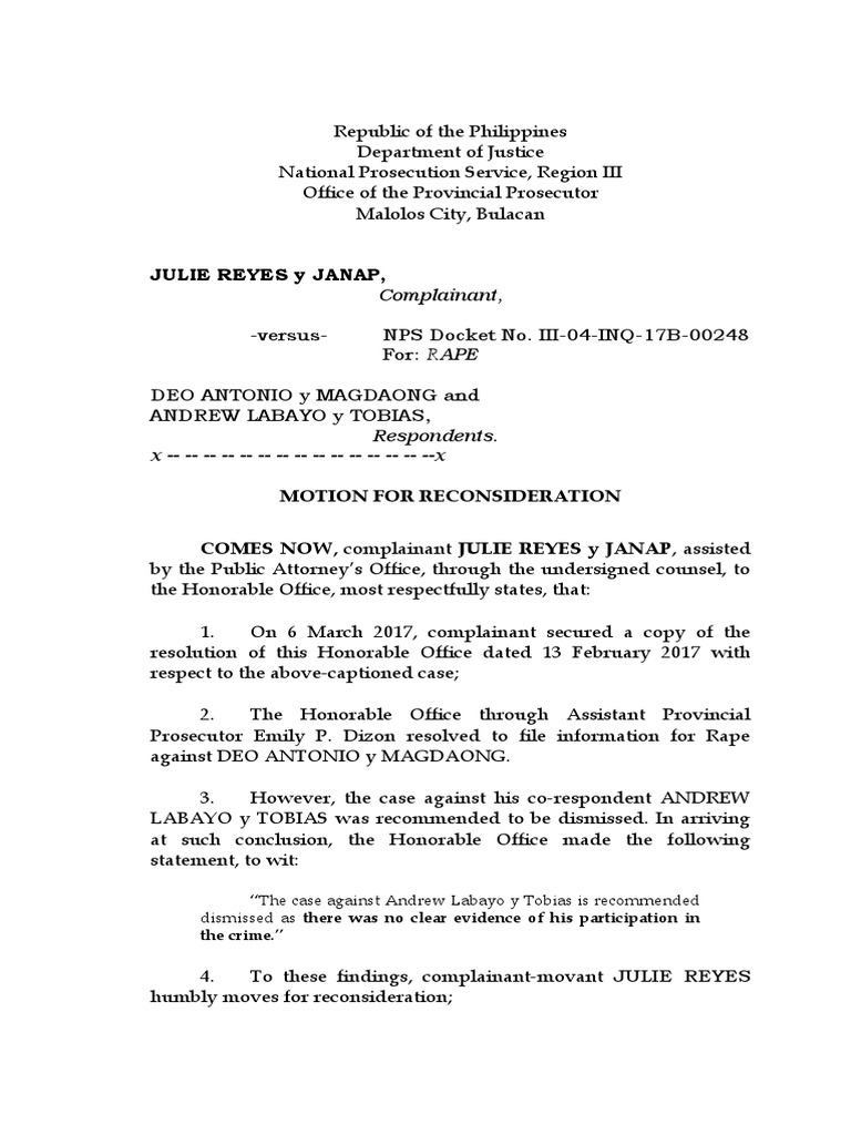 Motion For Reconsideration Sample, Rape Case | PDF | Probable Cause ...