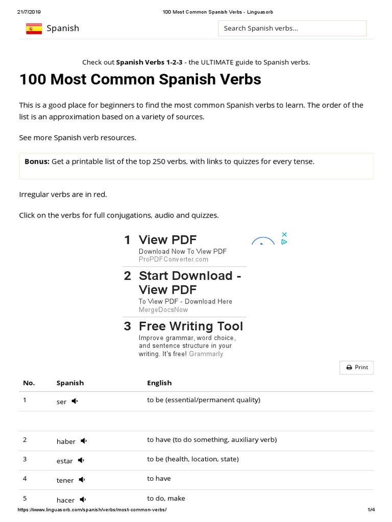100 Most Common Spanish Verbs - Linguasorb | Languages | Language Arts ...