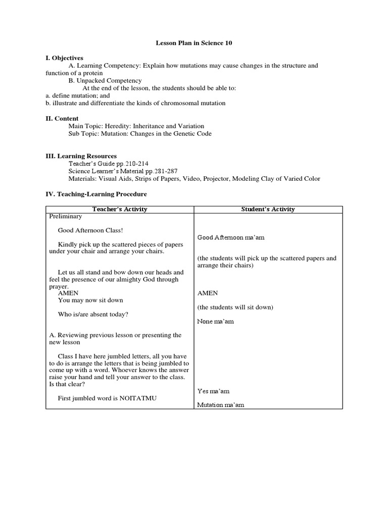 Science 10 Lesson Plan: Mutations Explained | PDF | Mutation | Gene
