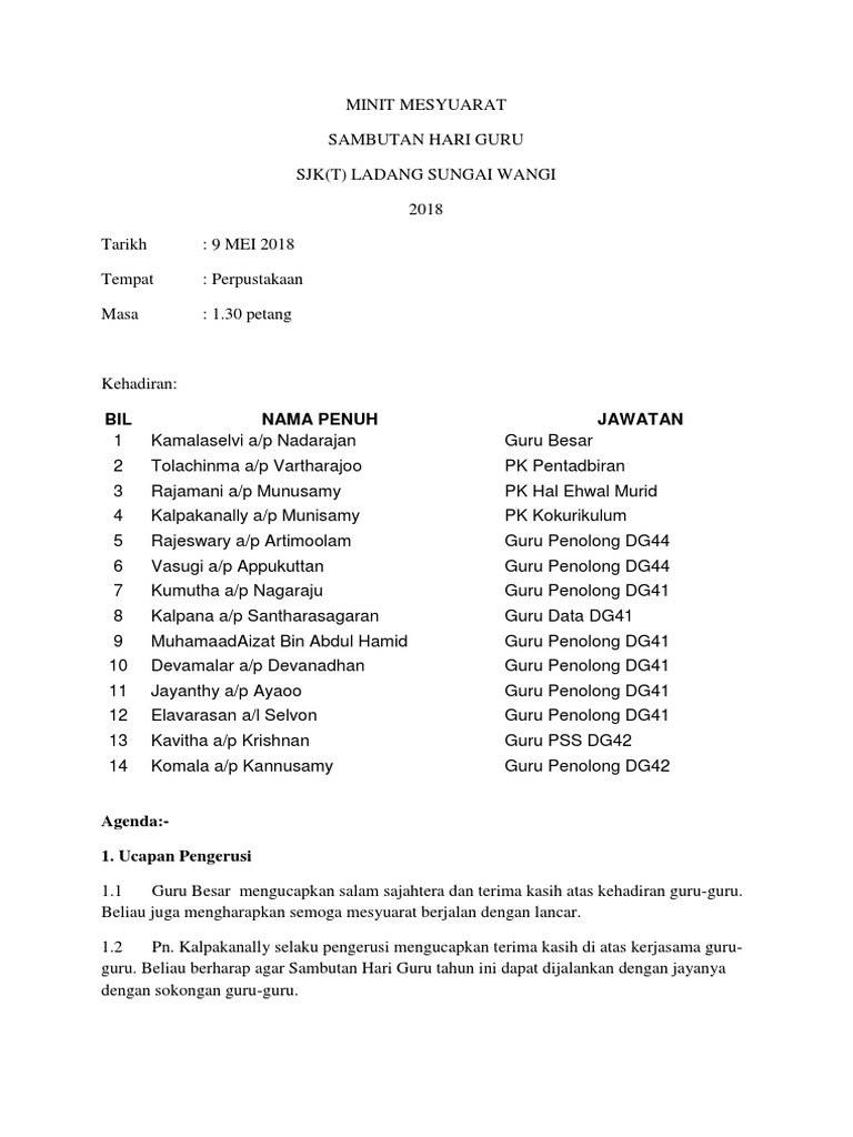 Minit Mesyuarat Hari Guru | PDF