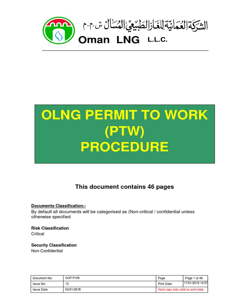 Olng Permit To Work (PTW) Procedure: Oman LNG | Occupational Safety And ...