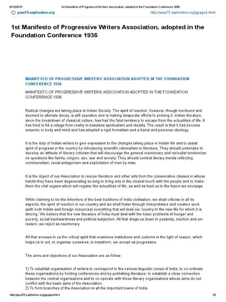 1st Manifesto of Progressive Writers Association, Adopted in The ...