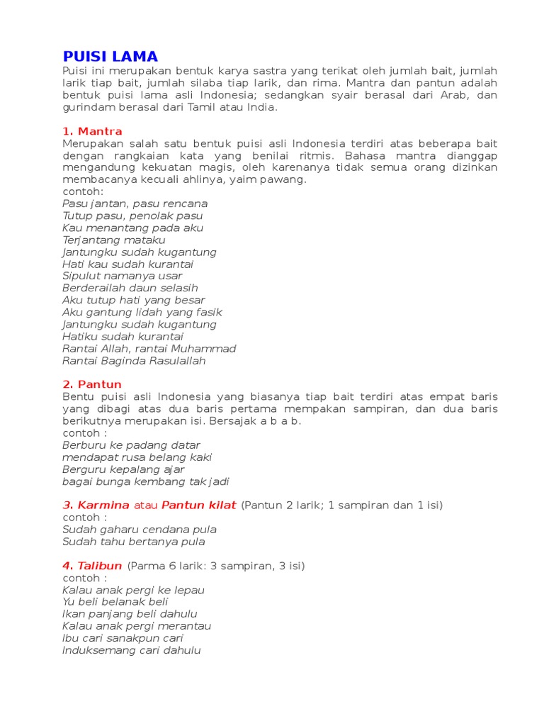 Contoh Puisi Lama Dan Baru | PDF | Puisi