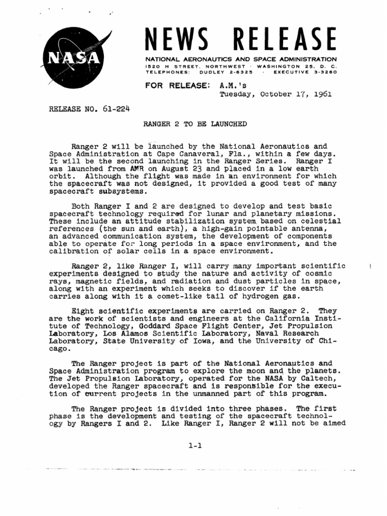 Ranger II Press Kit | PDF | Moon | Nasa