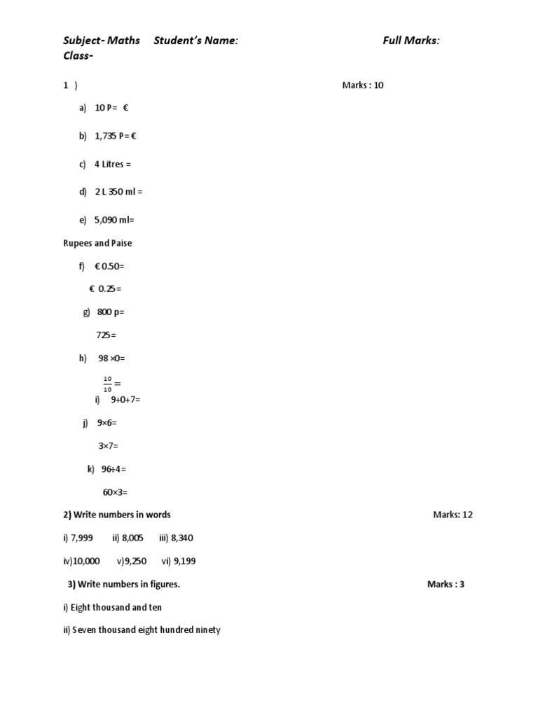 Subject-Maths Student'S Name: Full Marks: Class | PDF