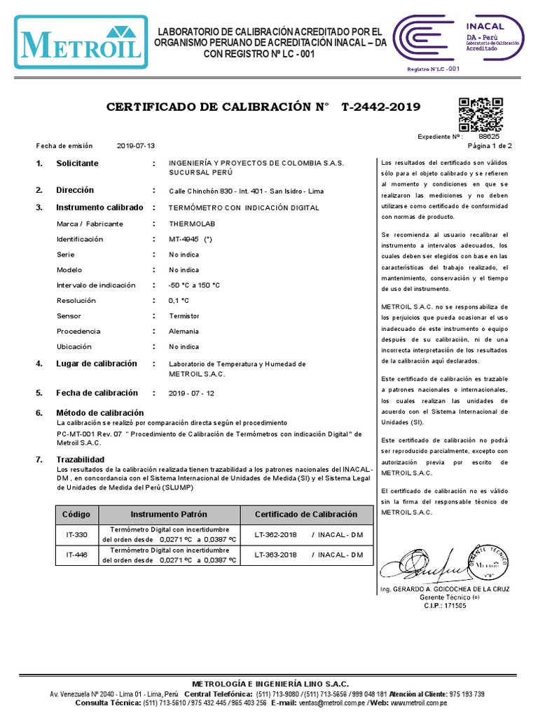 Certificado de Calibración INACAL | PDF | Calibración | Metrología
