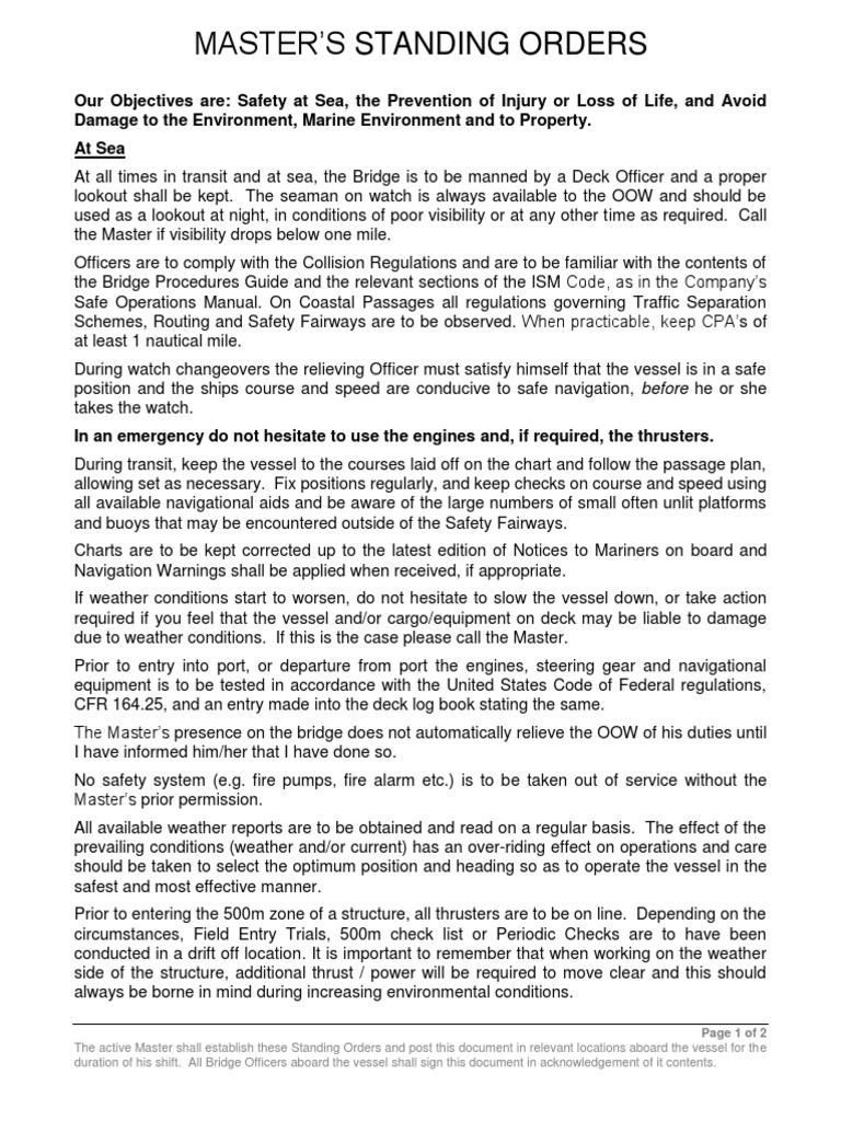 Masters Standing Orders | PDF | Navigation | Sailor