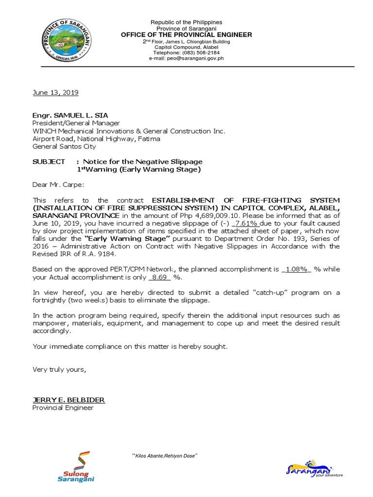 Notice of Negative Slippage and Request for Detailed Catch-Up Program ...