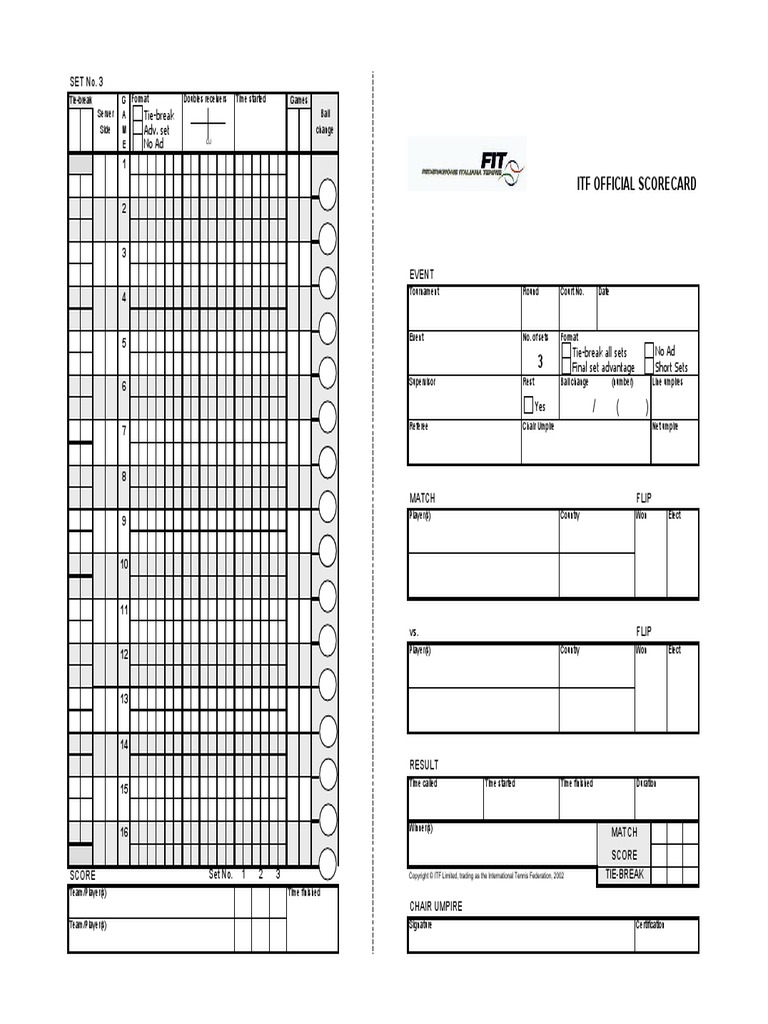 Itf Official Scorecard: SET No. 3 Tie-Break Adv. Set No Ad | PDF ...
