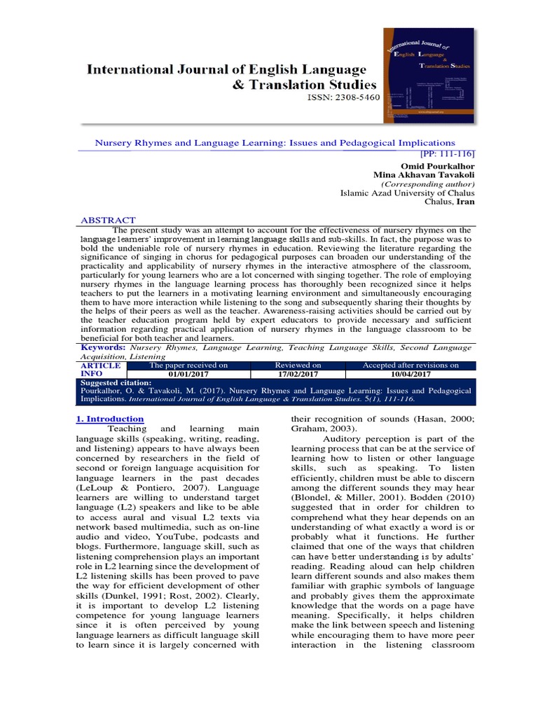 Nursery Rhymes and Language Learning: Issues and Pedagogical Implications | PDF | Second ...