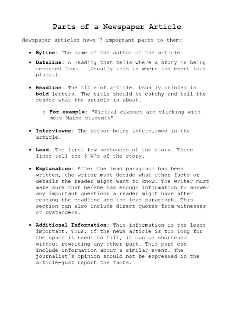 Key Parts of a Newspaper Article | PDF | Newspaper And Magazine