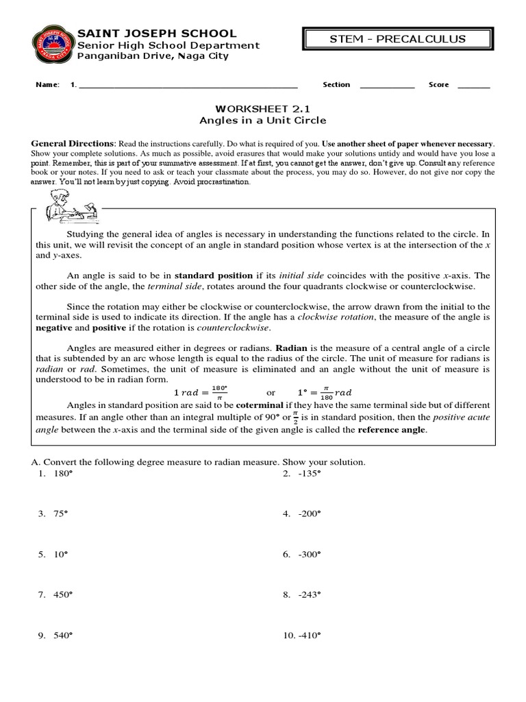 Worksheet 2.1 Angles in A Unit Circle | PDF | Angle | Euclidean Plane ...