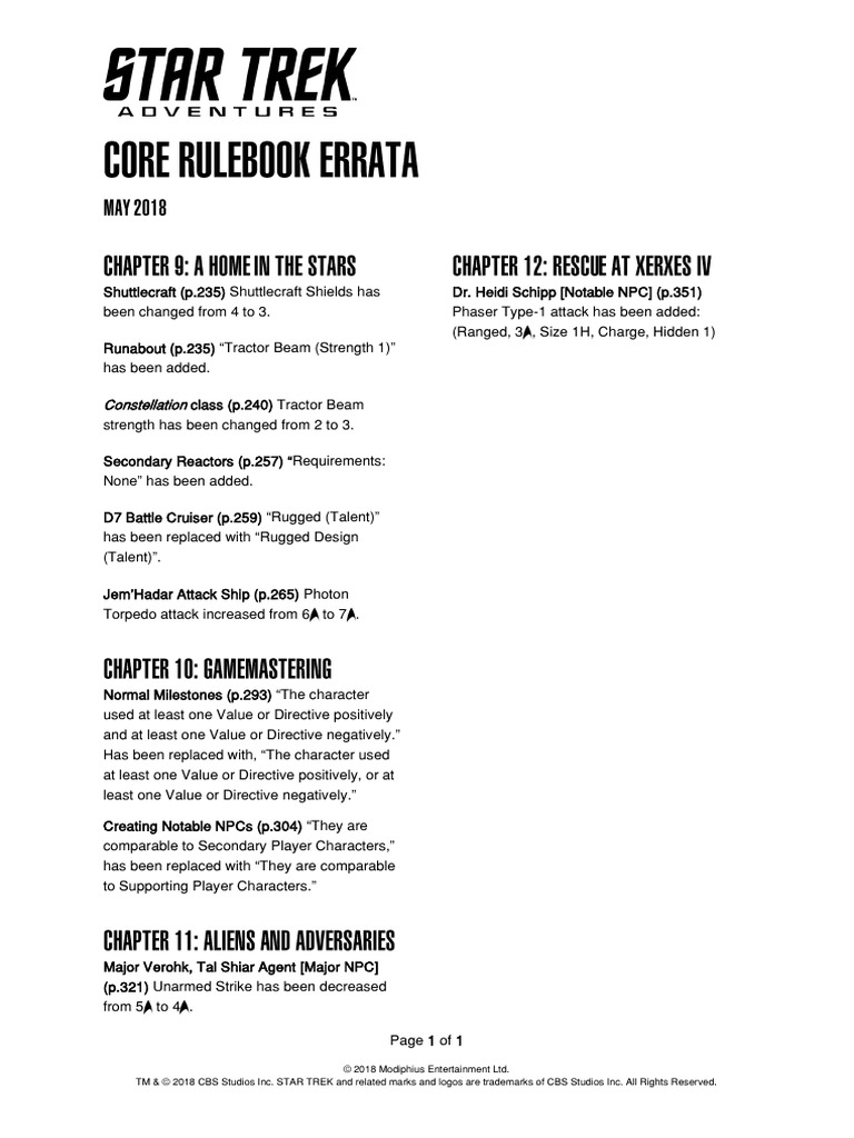 Star Trek Adventures Core Rulebook Errata - May 2018 | PDF