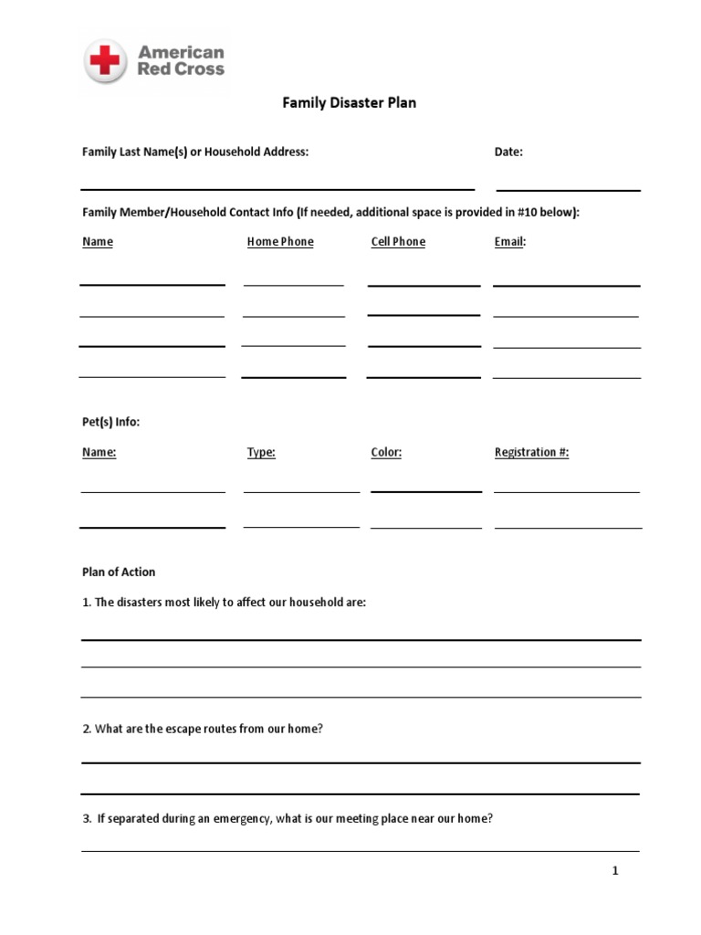 Family Disaster Plan: Family Last Name(s) or Household Address: Date ...