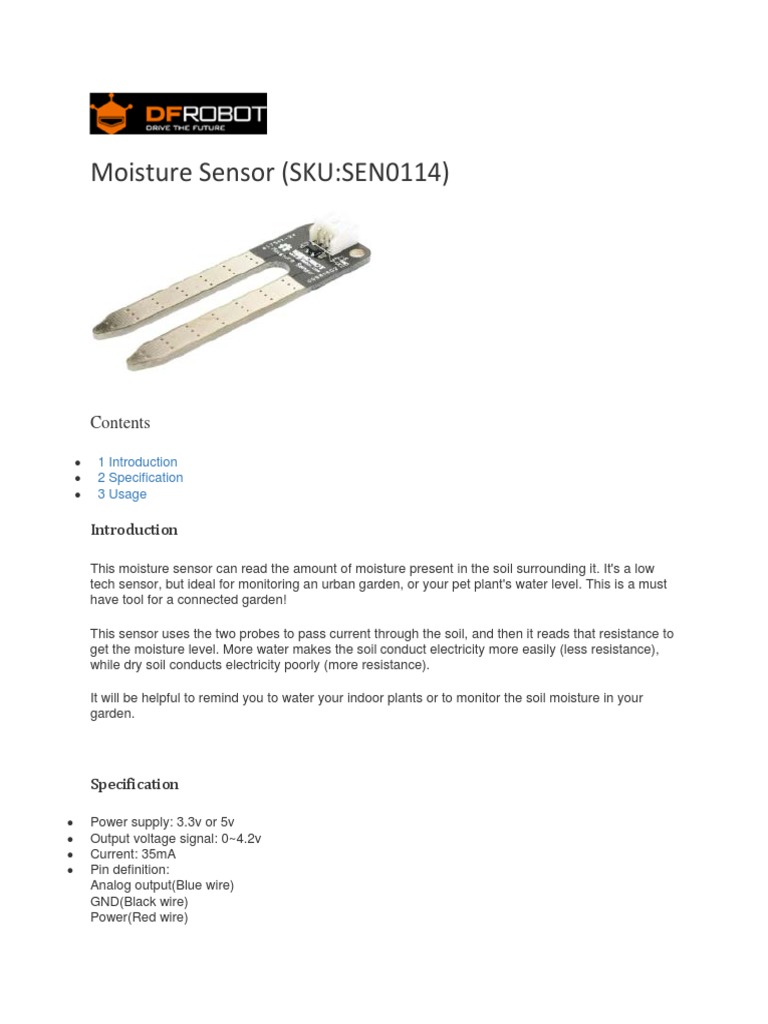 Moisture Sensor (SKU:SEN0114) : 1 2 Specification 3 Usage | PDF