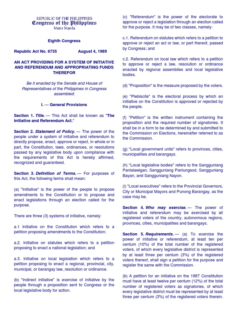 Ra 6735 - Initiative and Referendum | PDF | Initiative | Constitutional ...
