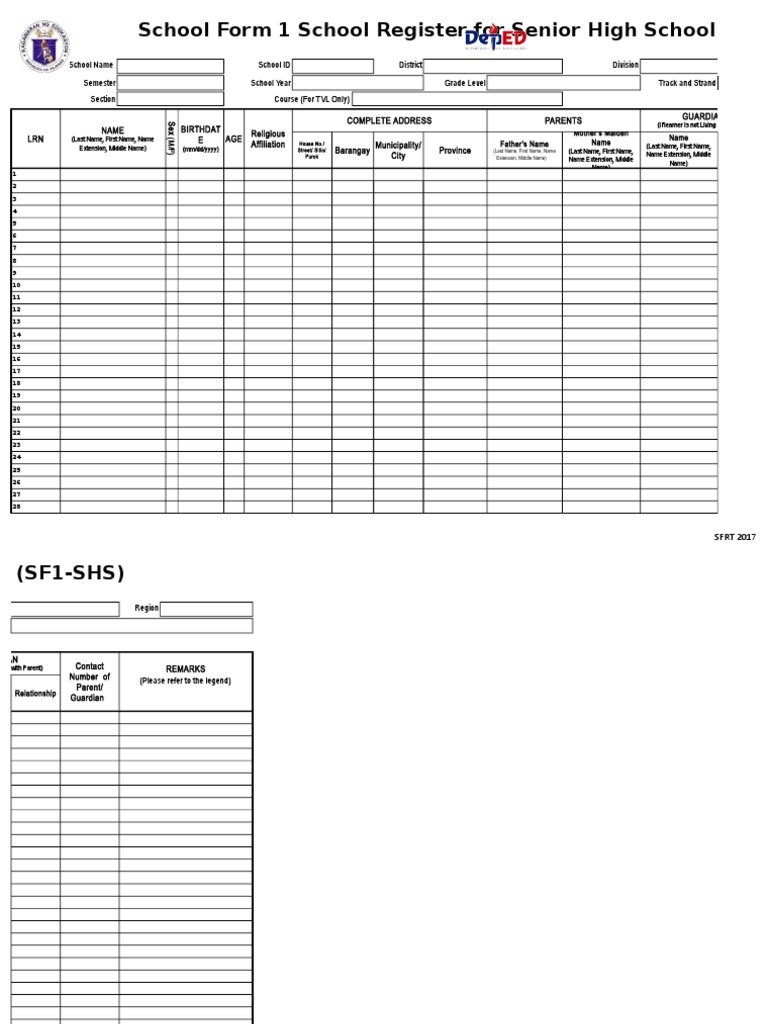 School Form 1 School Register For Senior High School (SF1-SHS) | PDF ...