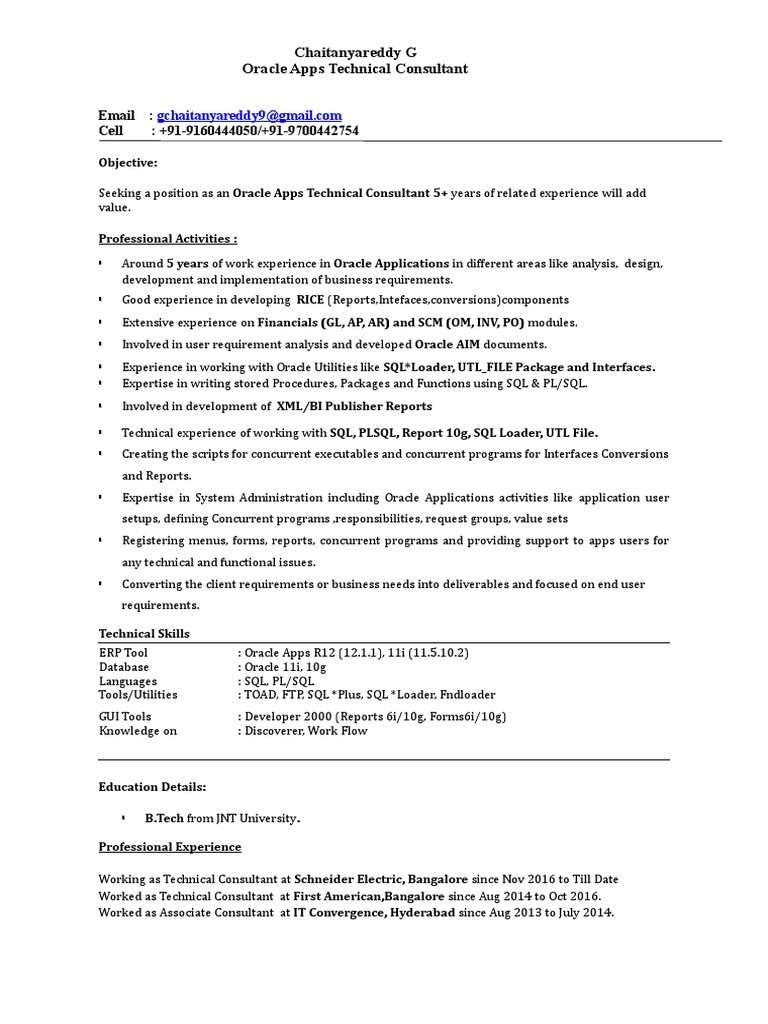 Oracle Apps Technical Consultant Resume | PDF | Oracle Database | Pl/Sql