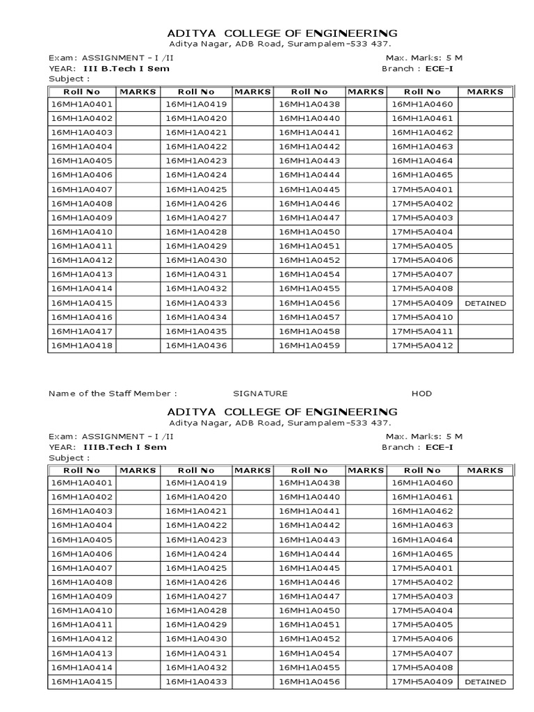 III B.tech I Sem Assignment Marks | PDF | Vocational Education | Career And Technical Education