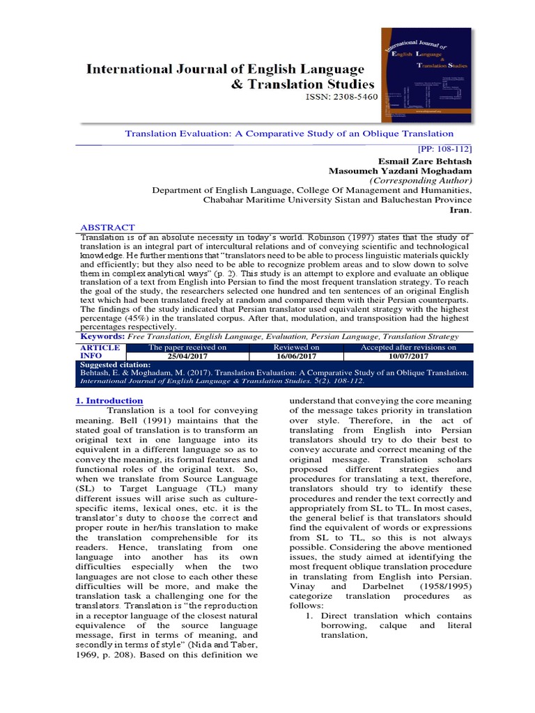 Translation Evaluation: A Comparative Study of An Oblique Translation ...