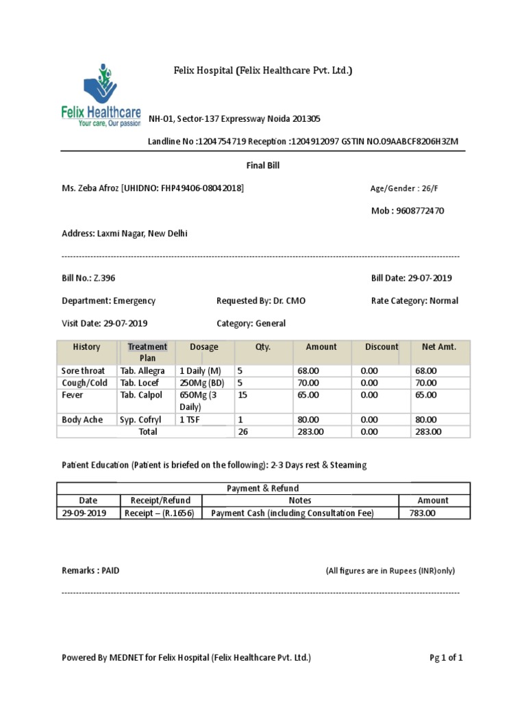 Felix Hospital (Felix Healthcare Pvt. LTD.) : Final Bill | PDF ...