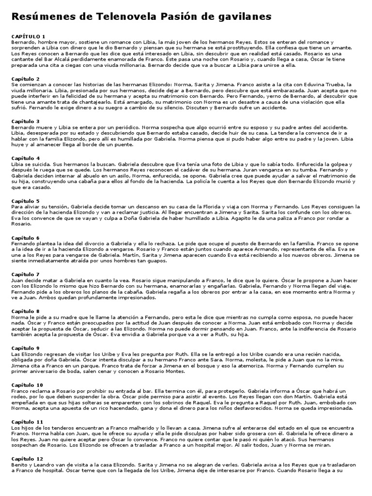 Resumenes de Telenovela Pasion de Gavilanes | PDF