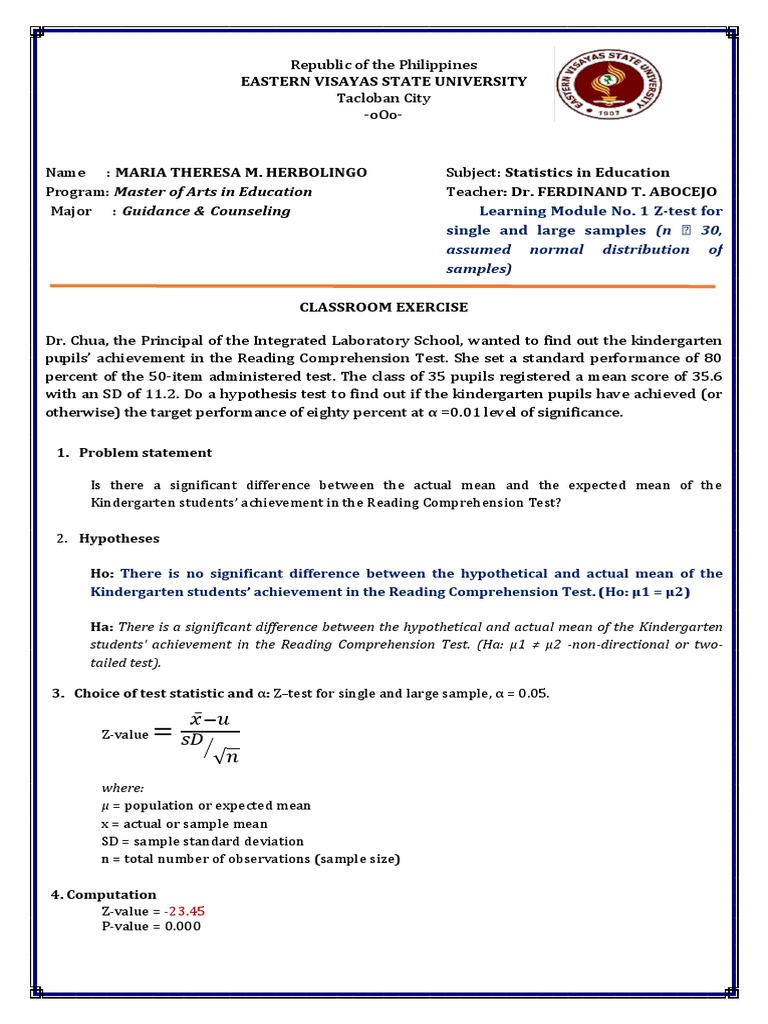 Module Exercises In Master Statistics Pdf P Value Statistical