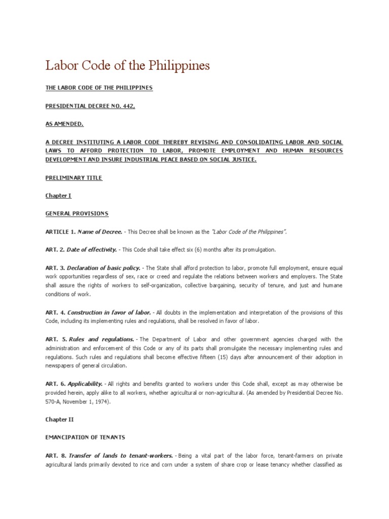 Labor Code of The Philippines: Name of Decree. Date of Effectivity ...