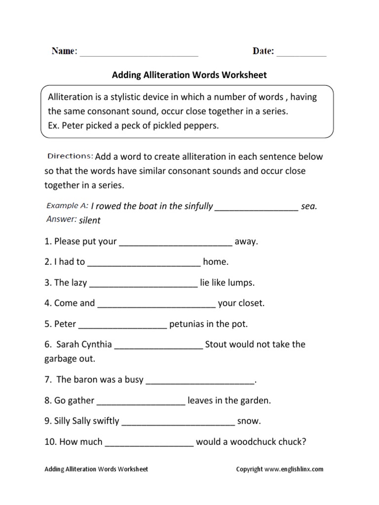 Adding Alliteration Words Worksheet | PDF