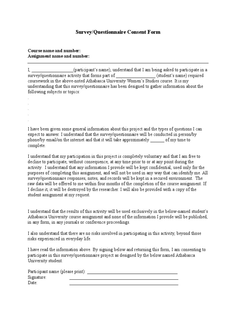 Survey/Questionnaire Consent Form: Course Name and Number: Assignment ...