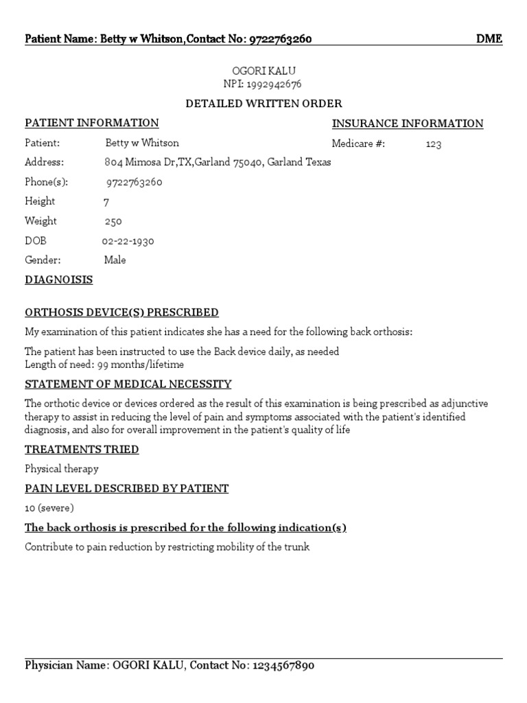 Detailed Written Order Patient Information Insurance Information ...