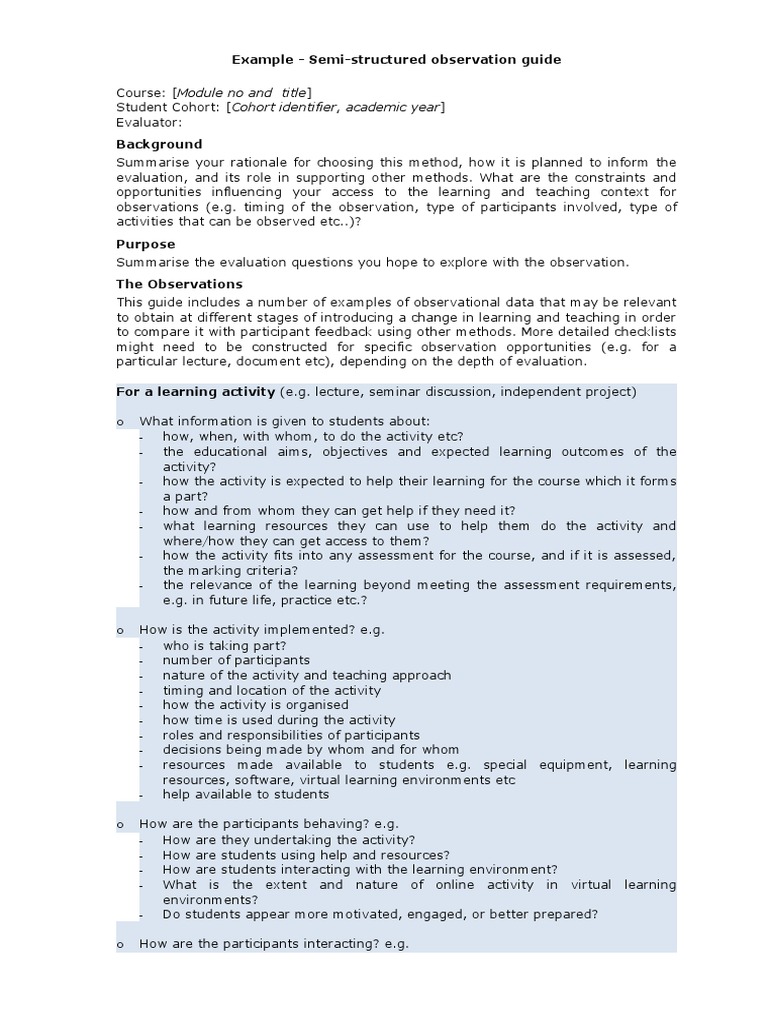 Example Semi Structured Observation Guide Pdf Lecture