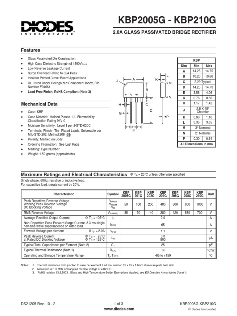 KBP2005G - KBP210G: 2.0A Glass Passivated Bridge Rectifier | PDF ...