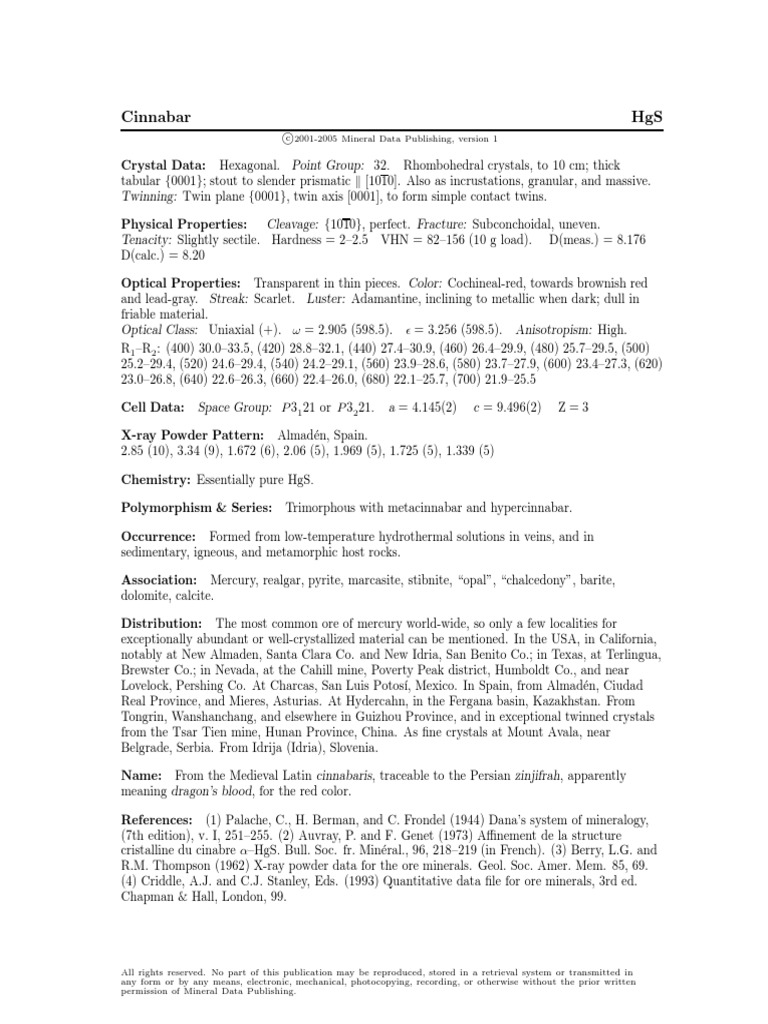 Cinnabar HGS: Crystal Data | PDF | Mineralogy | Minerals