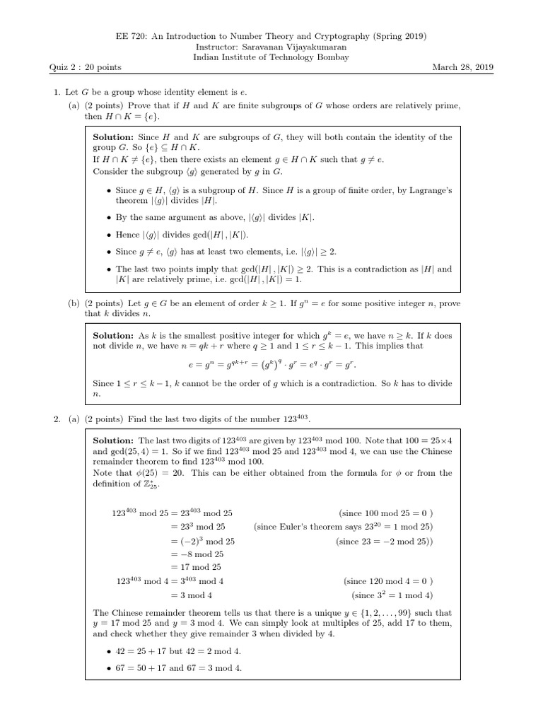 EE720 - Quiz2 | PDF | Group (Mathematics) | Integer