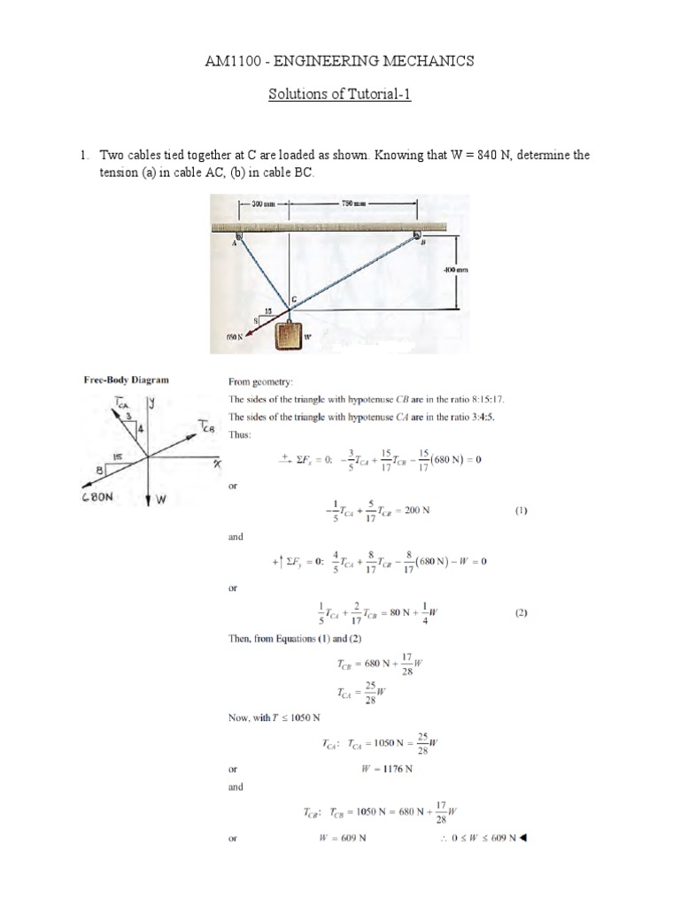 Tutorial 1 Rigid Bodies and FBD | PDF | Tension (Physics) | Force