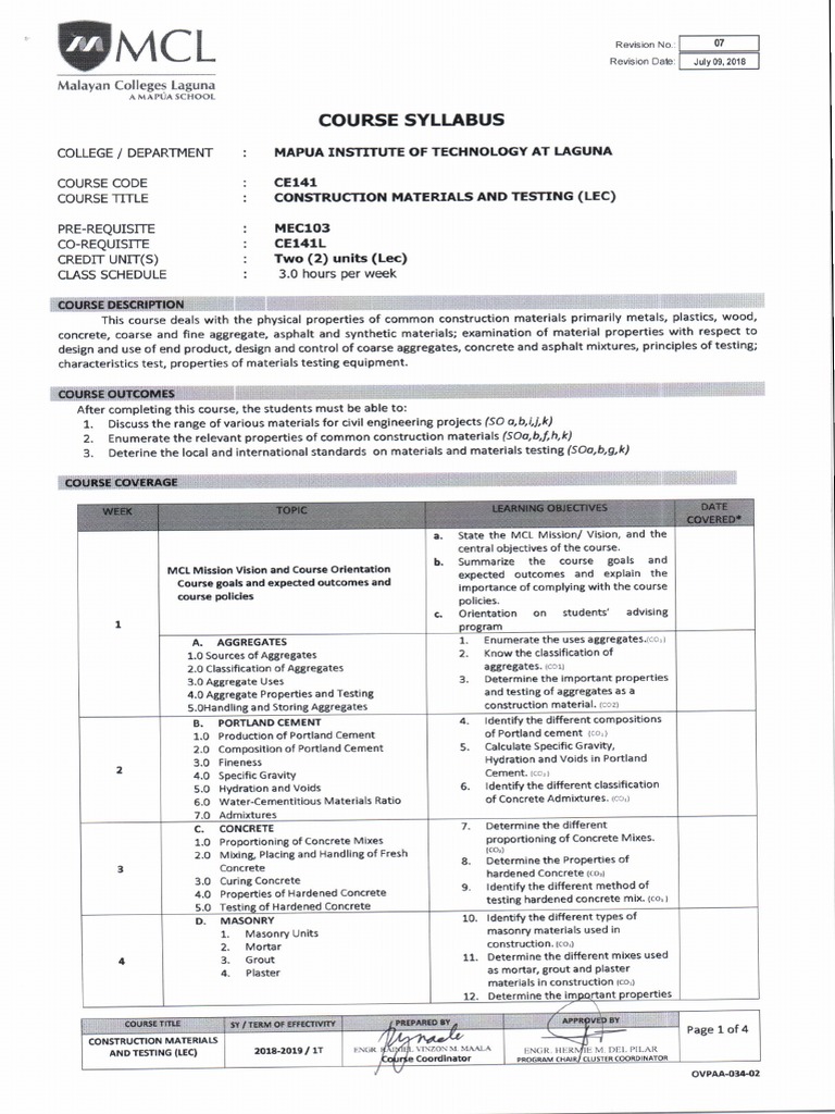 Course Syllabus Construction Materials | PDF | Concrete | Mortar (Masonry)