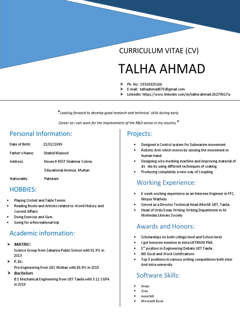 Talha Ahmad: Curriculum Vitae (CV) | PDF | Science | Engineering